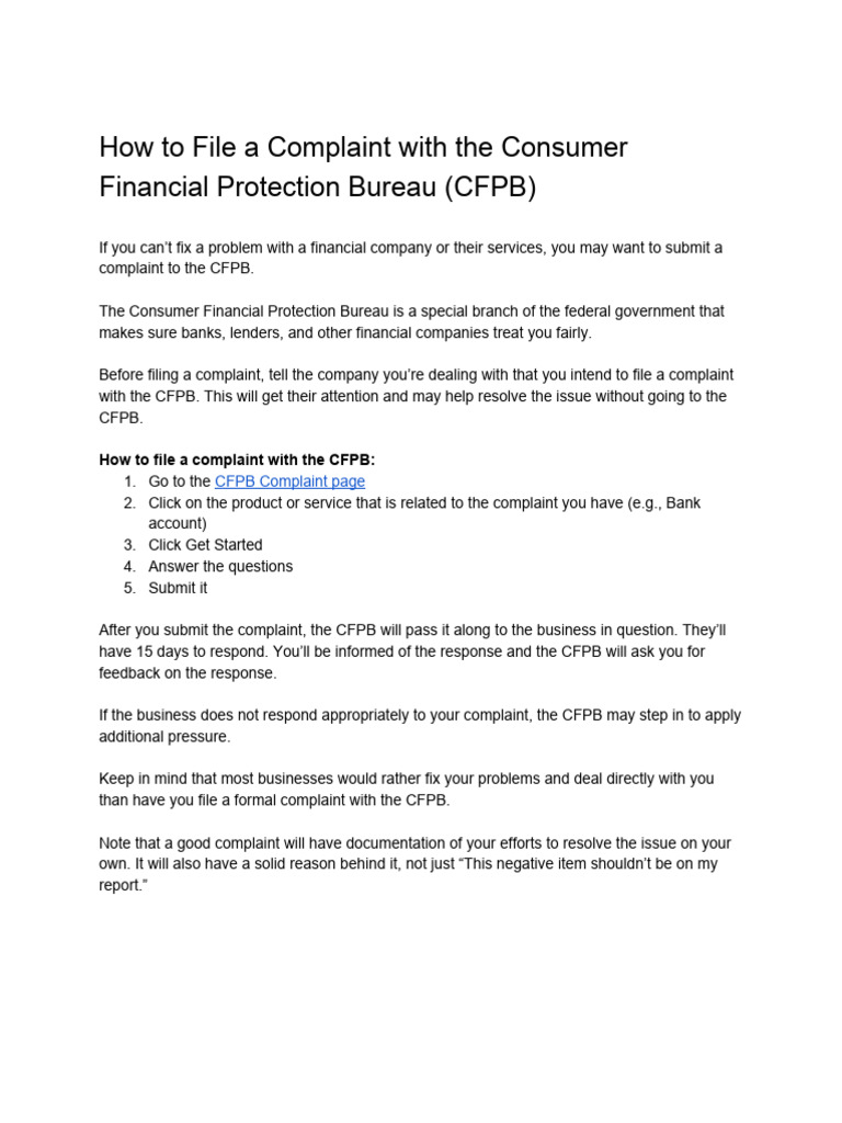 How To File A Complaint With The Consumer Financial Protection Bureau ...
