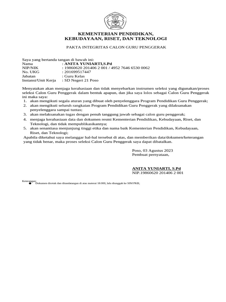 Pakta Integritas CGP 10 REGULER | PDF