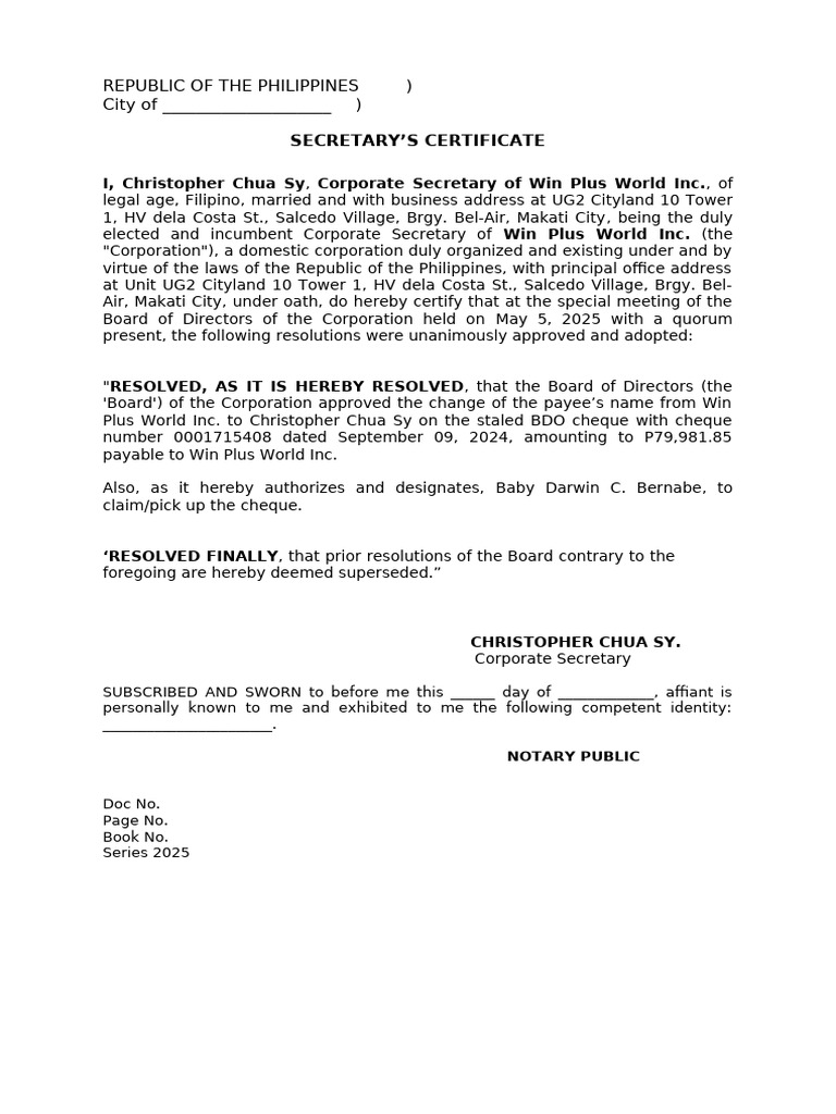 Secretary's Certificate for Name Change | PDF