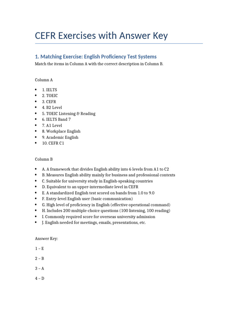 CEFR Exercises With Answers | PDF | Language Acquisition | Learning