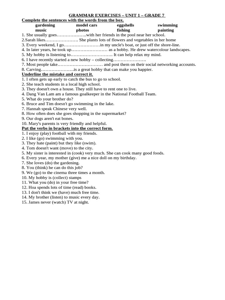 Grammar Exercises - Unit 1 - Grade 7 | PDF | Linguistics | Grammar