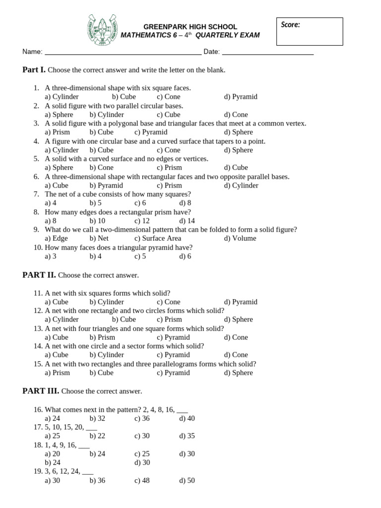 Grades 7-10 Exam Template | PDF | Rectangle | Sphere