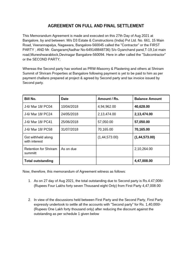 Settlement Agreement for Rs. 1.4 Lakh | PDF | Money | Payments