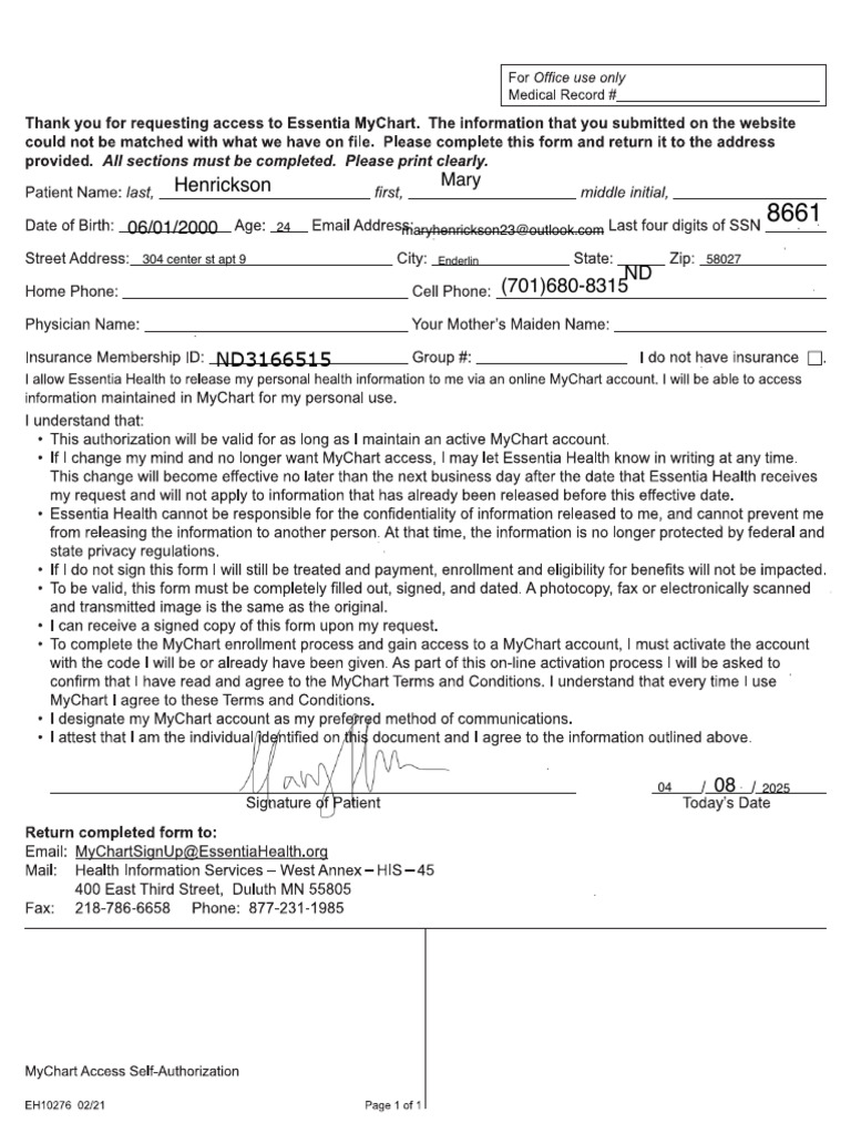 EH10276 MyChart Self Authorization - Failed | PDF