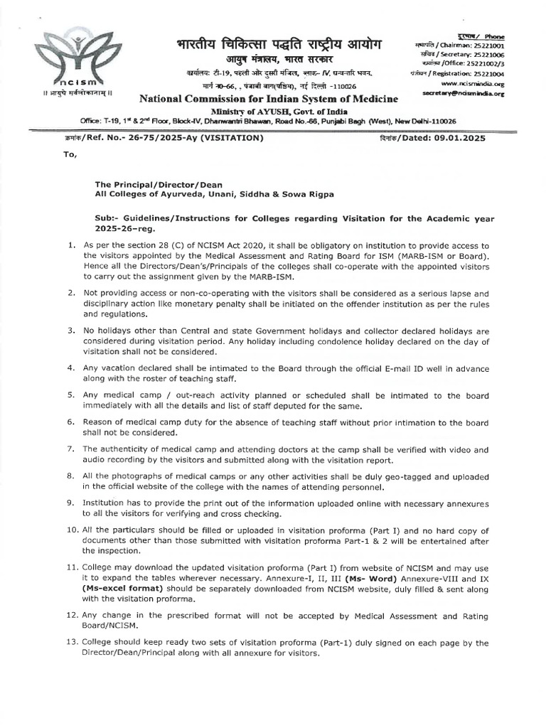 Guidelines Instructions For Visitation Ayurveda Colleges 2025-26 | PDF