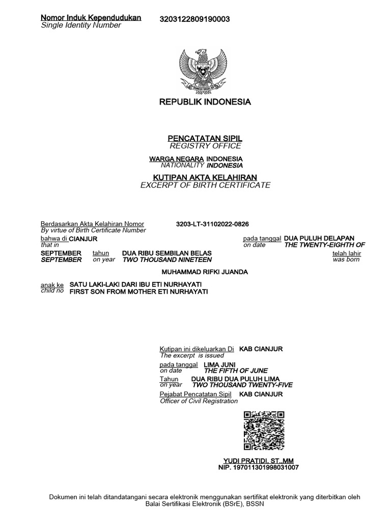 Contoh Akte Kelahiran Cianjur | PDF