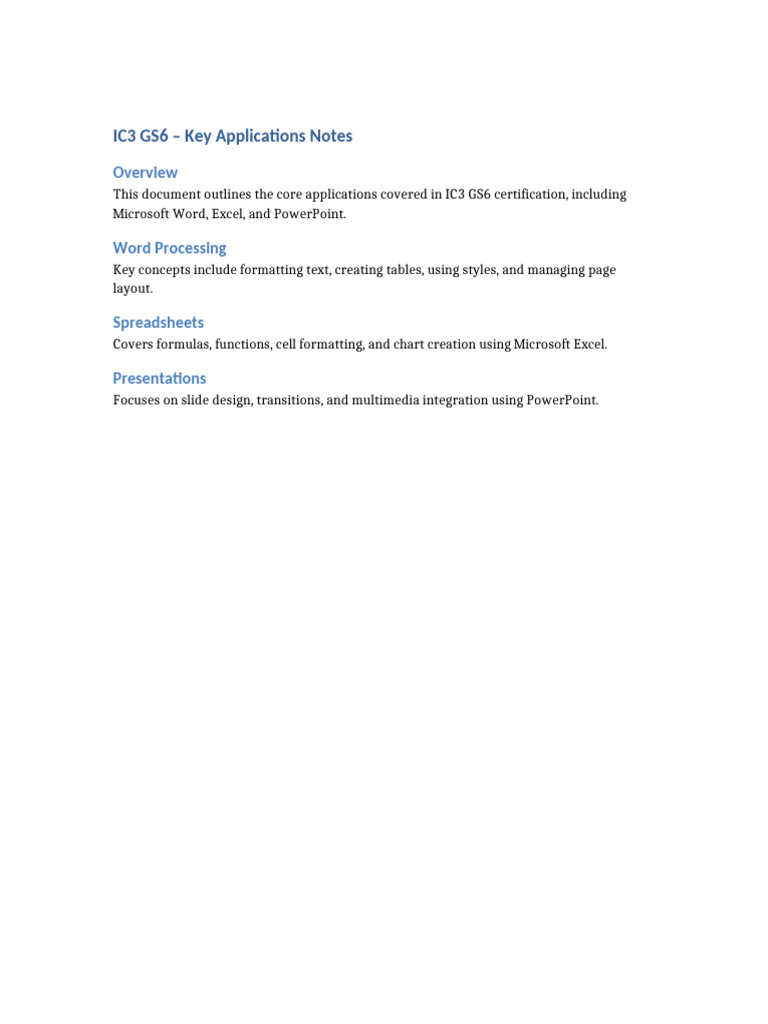 IC3 GS6 Key Applications Notes | PDF
