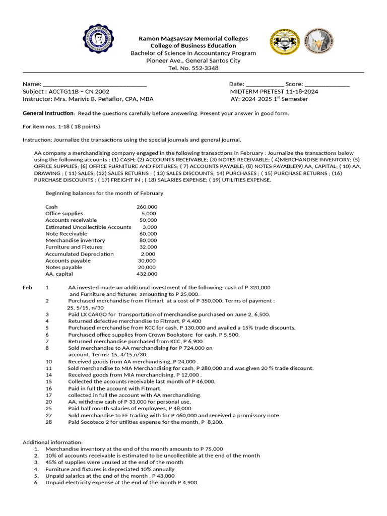 Midterm Pretest 11-18-2024 Journal Entry To Post Closing TB Special ...