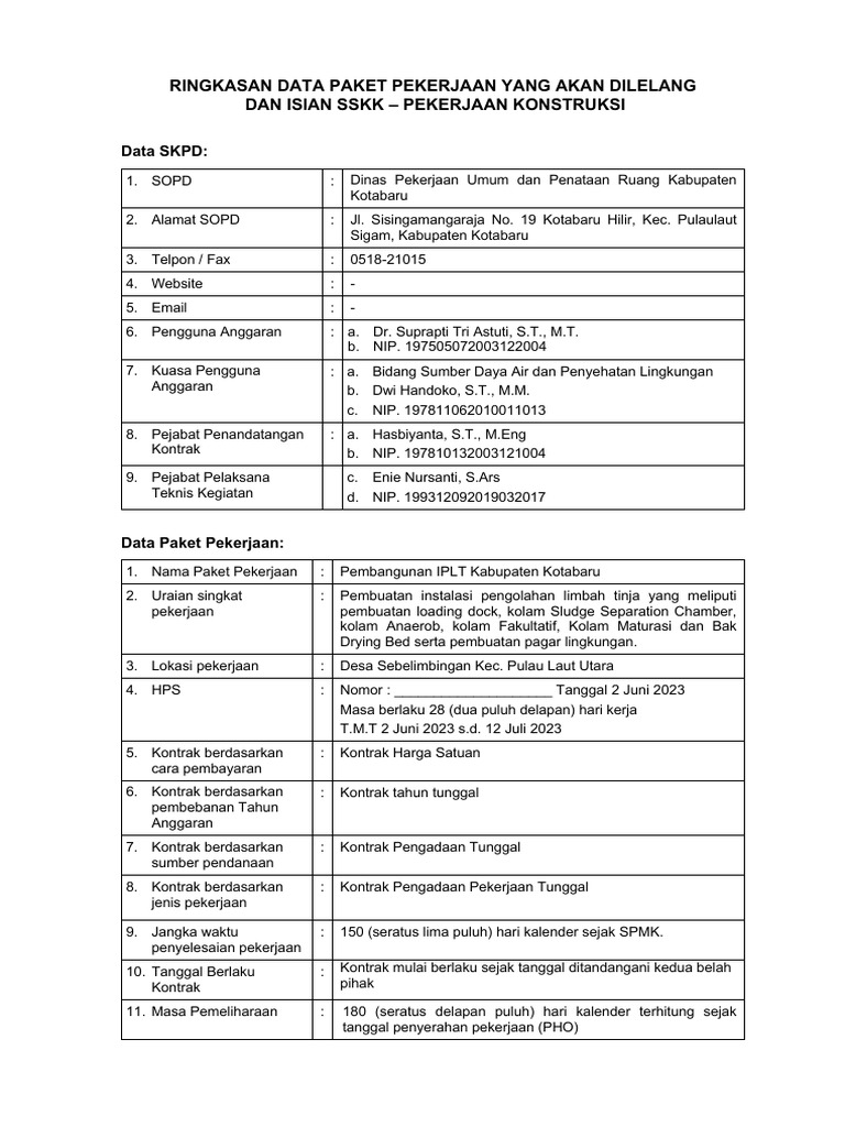 04. Ringkasan Data LelangKonstruksi IPLT Kab Kotabaru | PDF