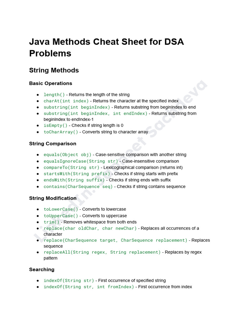 Java Methods Cheat Sheet For DSA Problems | PDF | String (Computer Science) | Software Engineering