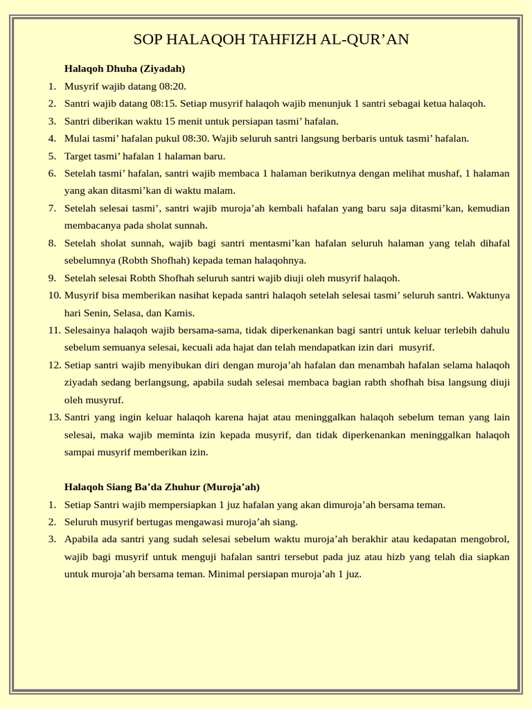SOP Halaqoh Tahfizh Al-Qur'an | PDF