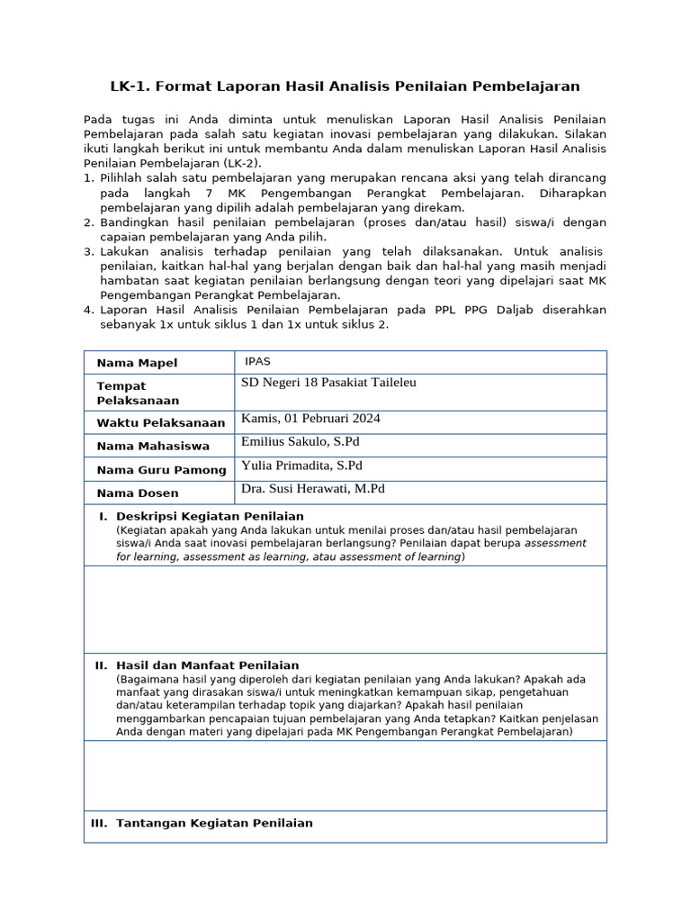 Format Hasil Asesmen Pembelajaran | PDF