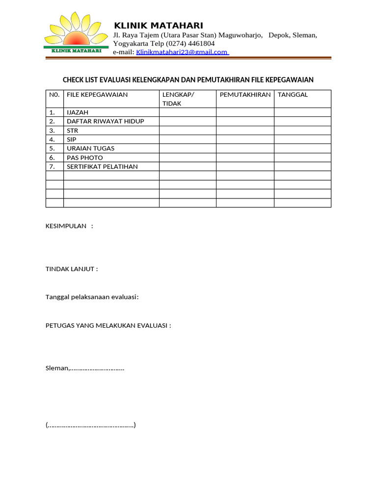 Check List Evaluasi Kelengkapan Dan Pemutakhiran File Kepegawaian | PDF