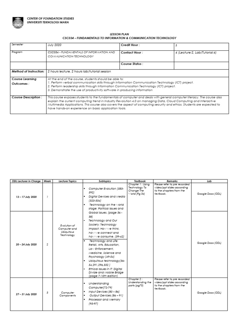 Lesson Plan CSC034 July 2020 V1 | PDF | Computer Network | Educational Technology