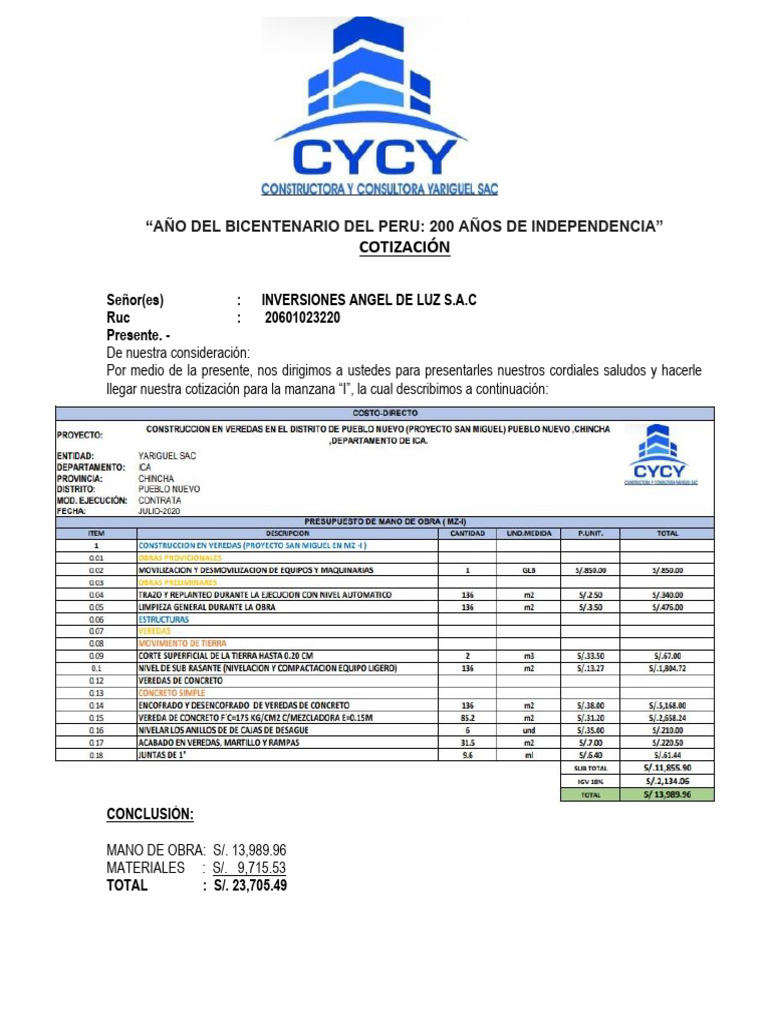Cotización Cycy - Manzana I | PDF