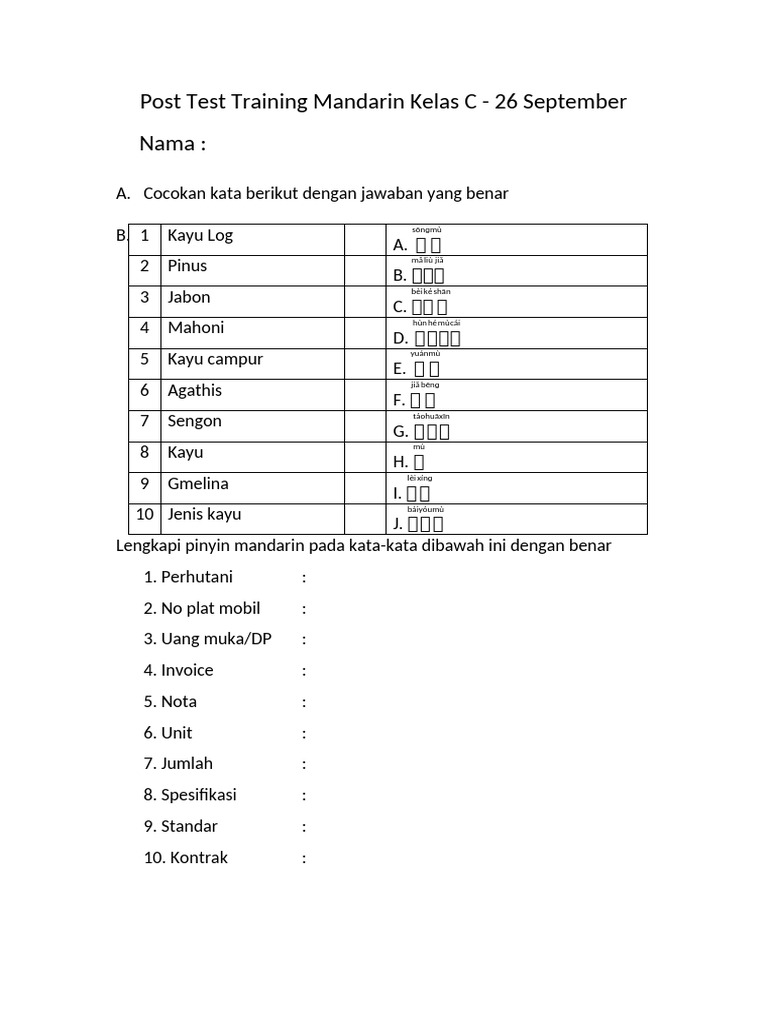 Post Test Training Mandarin Kelas C | PDF