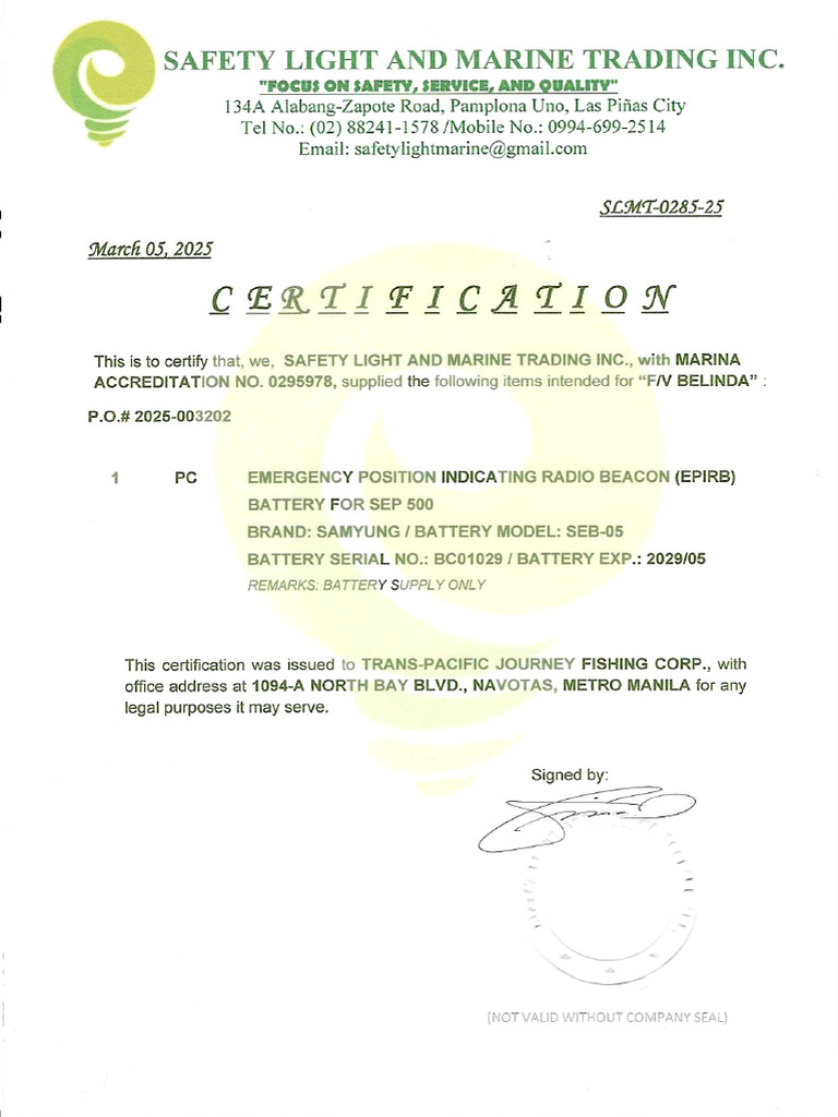 Certificate Slmt-0285-25 Trans Pacific Journey Fishing Corp | PDF
