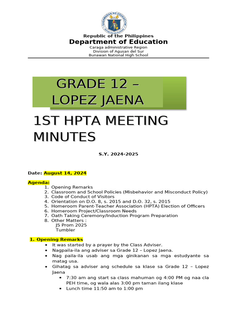 Grade 12 HPTA Meeting Agenda 2024-2025 | PDF