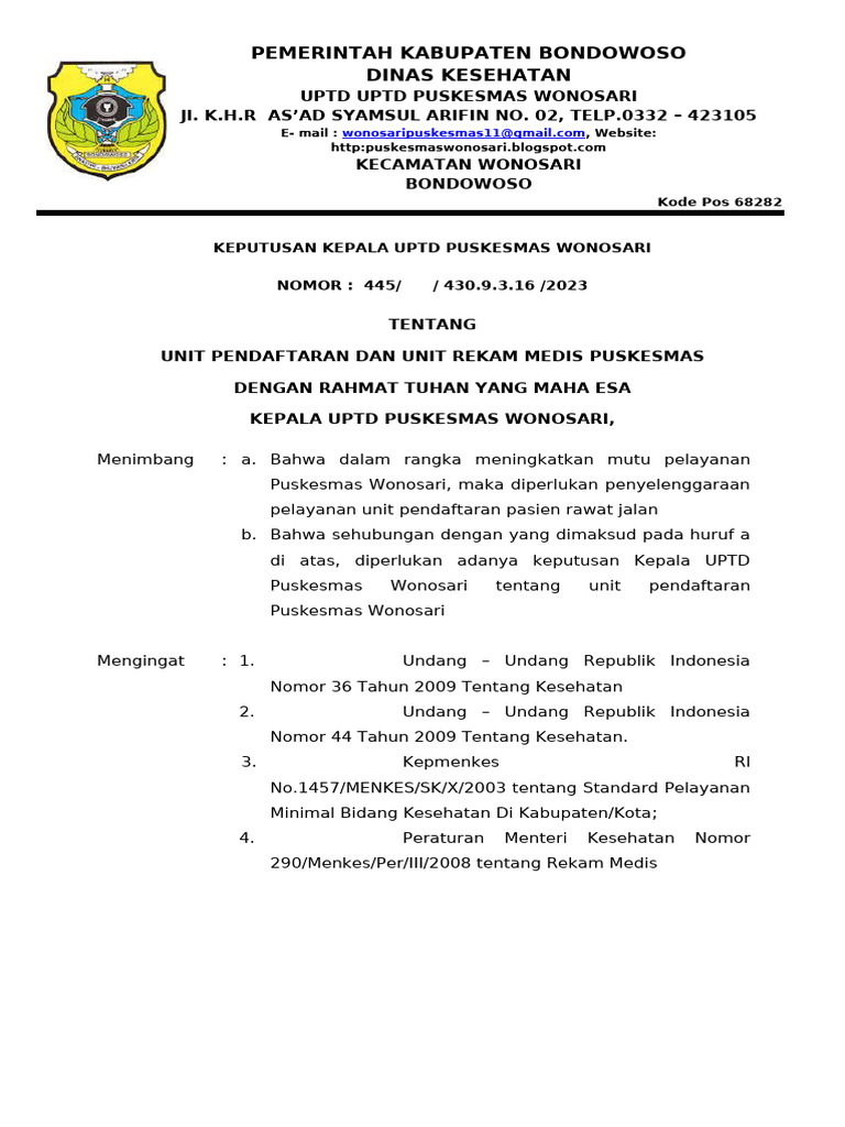 SK Unit Loket Dan Rekam Medis | PDF