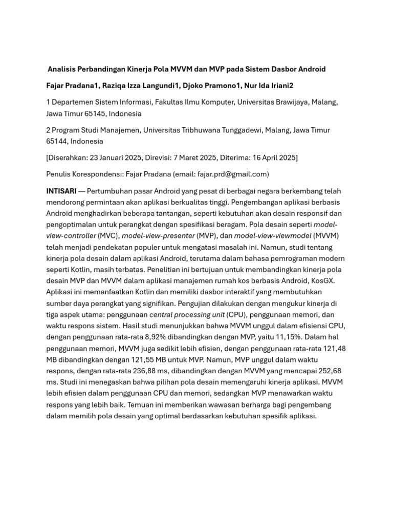 Analisis Perbandingan Kinerja Pola MVVM Dan MVP Pada Sistem Dasbor Android | PDF