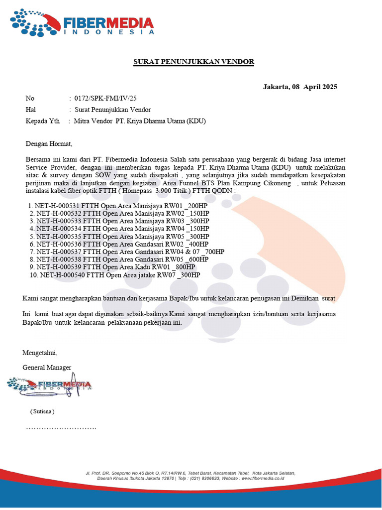 Surat Penunjukkan Vendor PT. KDU Area Funnel BTS Plan Kampung Cikoneng ...