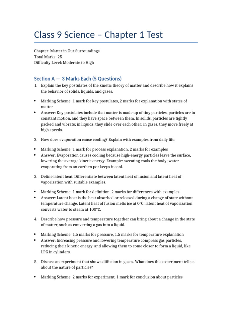 Class9 Science Ch1 Test With Answers | PDF | Latent Heat | Gases