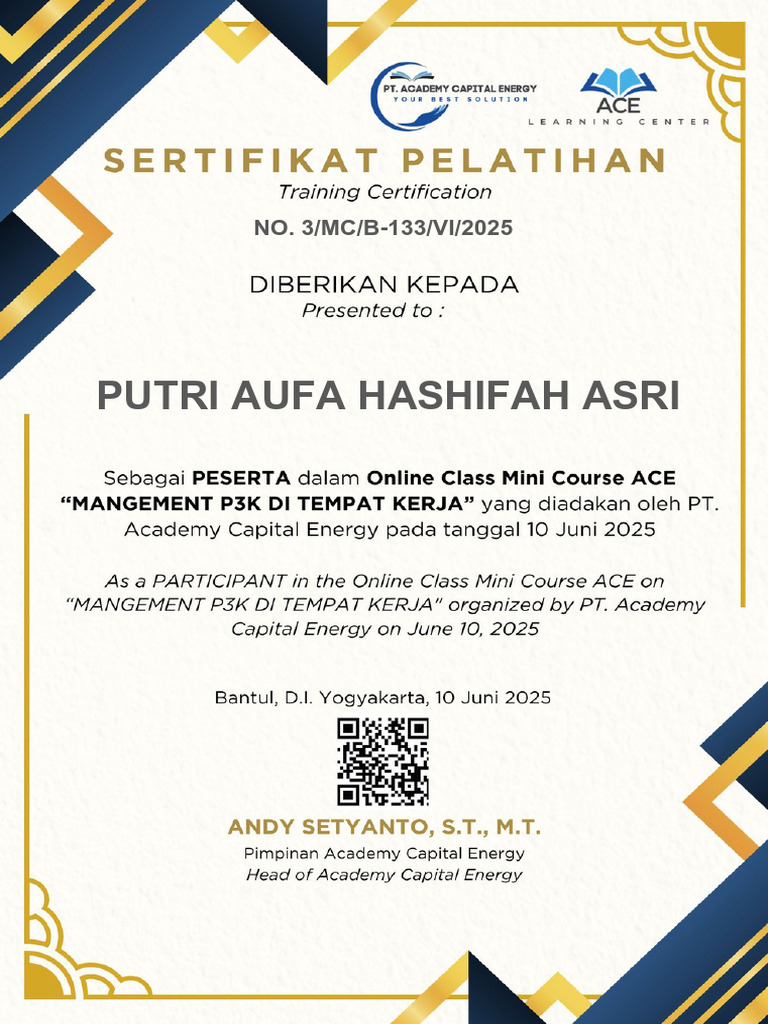 Sertifikat Pelatihan Putri Aufa Hashifah Asri PDF | PDF