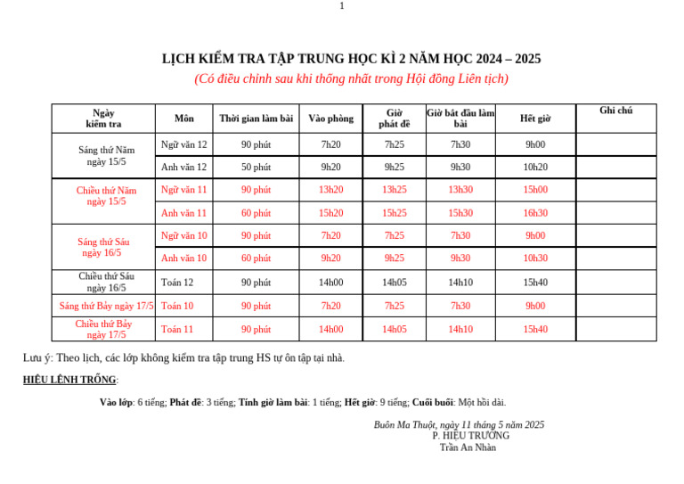 LỊCH KTRA HK2 DIEU CHINH TOT HON ok | PDF
