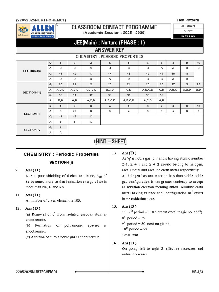 22052025NURTPCHEM01-JEE Predioc Properties Chem Key | PDF | Atomic Physics | Chemical Elements