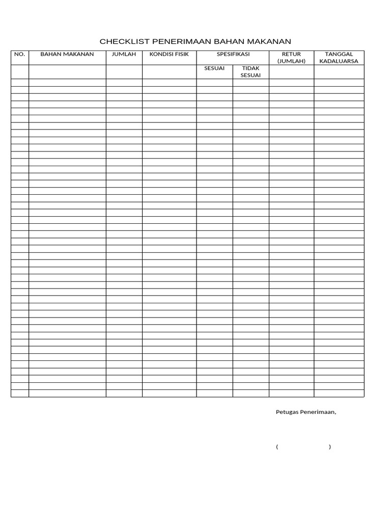 Checklist Penerimaan Bahan Makanan | PDF