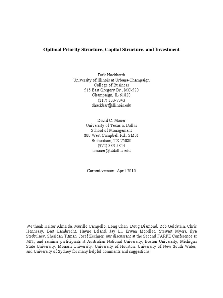 Optimal Priority Structure, Capital Structure, and Investment | PDF ...