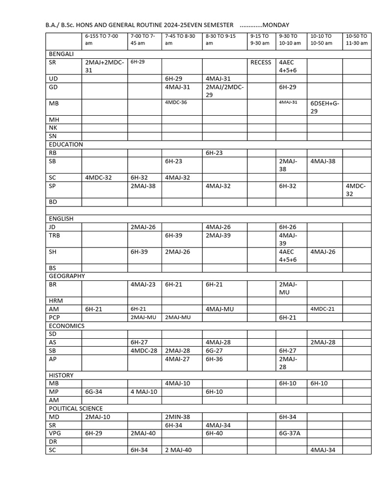 Routine 2024-25 Monday Cbcs R | PDF | Academic Degree