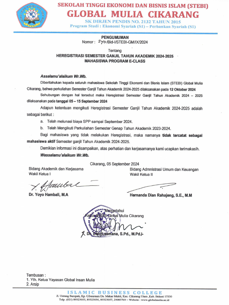Informasi Heregistrasi Program E-Class Semester Ganjil 2024-2025 | PDF