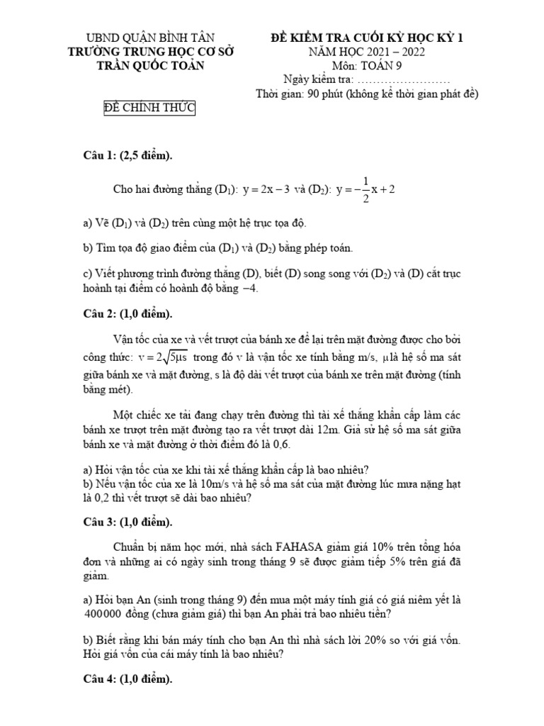 ĐỀ KTCK 1 TOÁN 9 | PDF