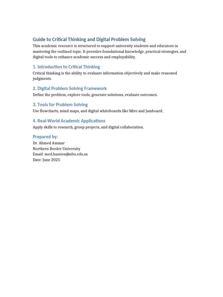 Critical Thinking Digital Problem Solving | PDF