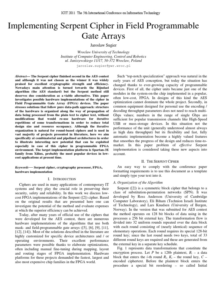 Implement Are SErpent PR FPGAJaroslaw | PDF | Field Programmable Gate Array | Cryptography