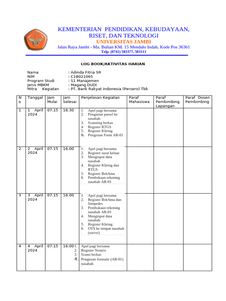 Logbook Harian Adinda 7 | PDF