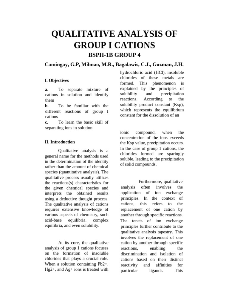 Bsph1b - Group4 - Written Report 6 Q.A Group 1 Cations | PDF | Precipitation (Chemistry ...