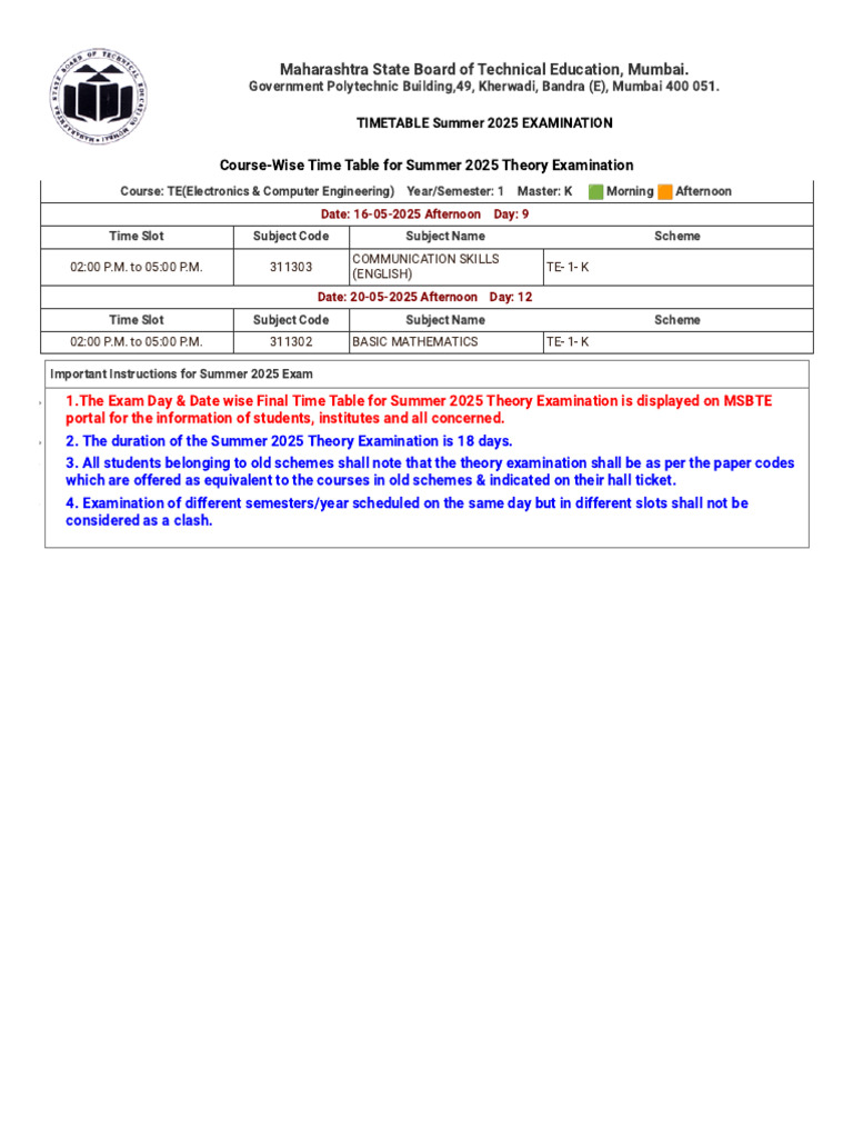 Summer 2025 Exam Timetable for TE ECE | PDF
