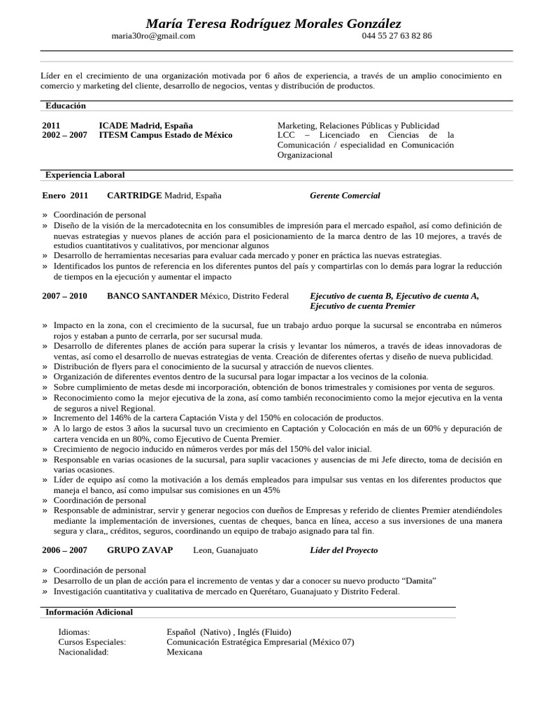 CV Maria Teresa Rodriguez Morales G | PDF | Marketing | Bancos