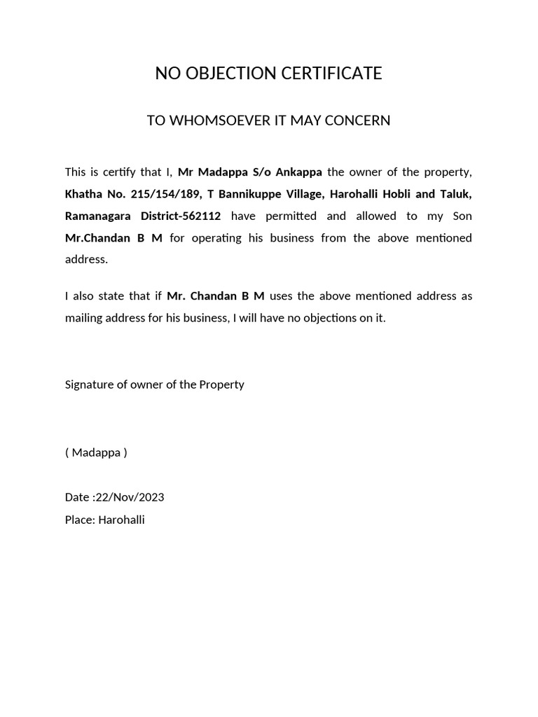 No Objection Certificate for Business | PDF