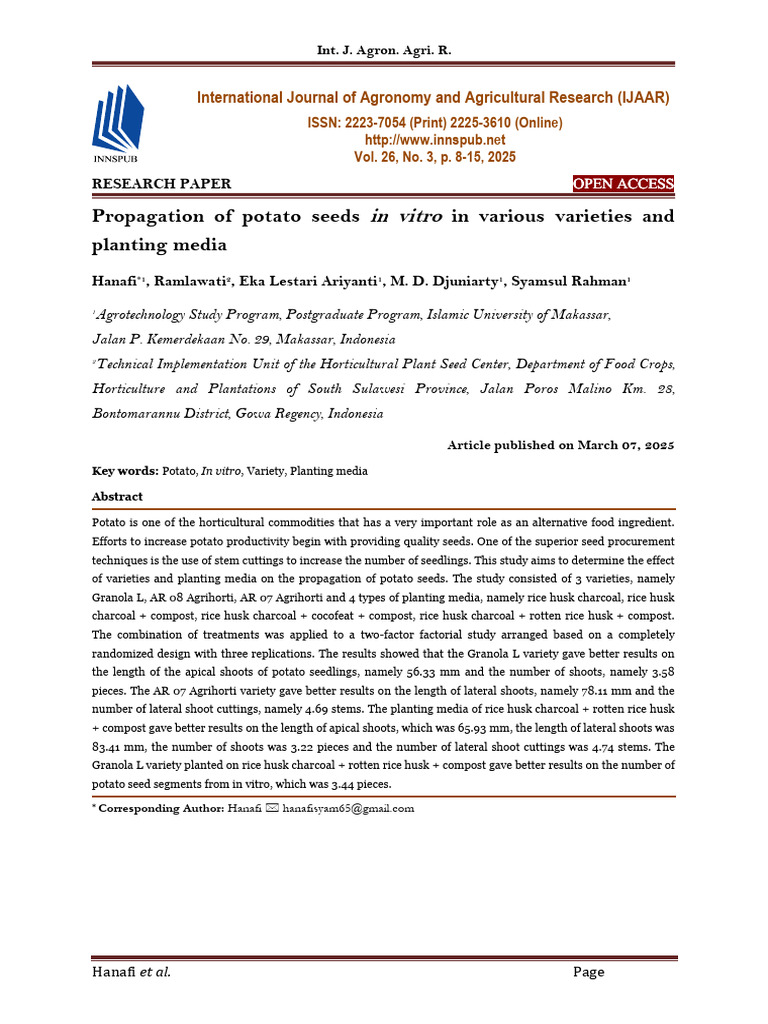 Propagation of Potato Seeds in Vitro in Various Varieties and Planting ...