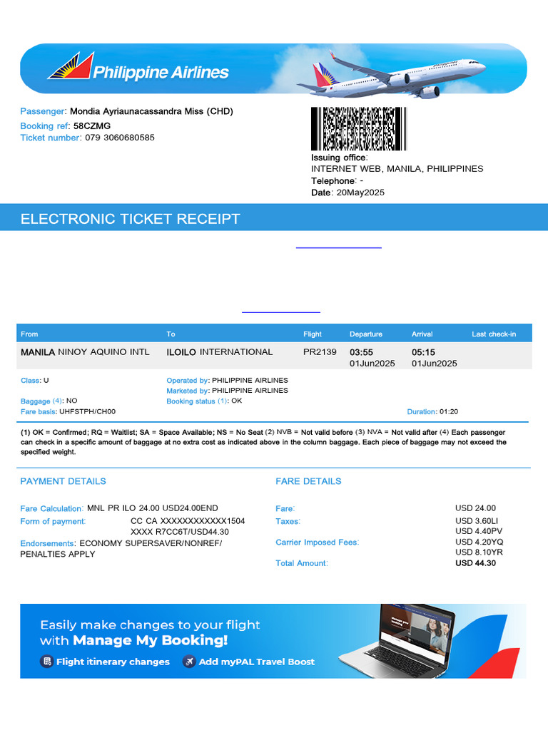 Electronic Ticket Receipt 01jun For Ayriaunacassandra Mondia | PDF