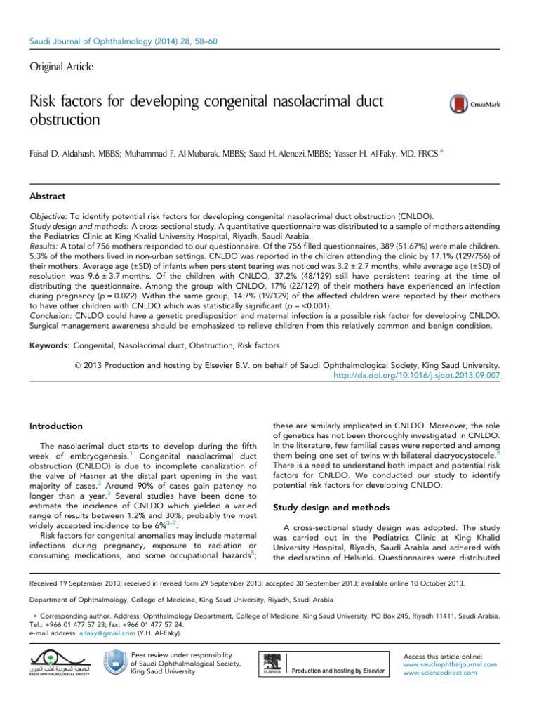 Risk Factors For Developing Congenital Nasolacrimal Duct Obstruction ...