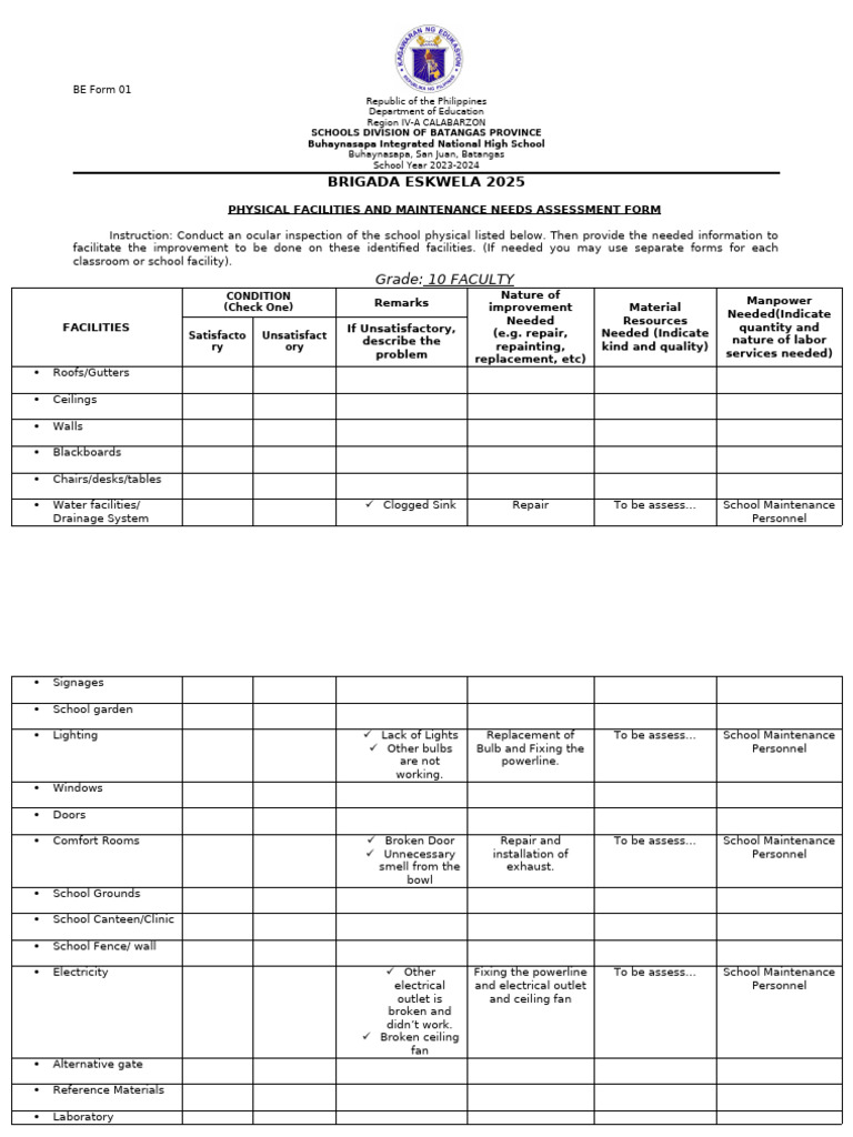 Be Form 1 Physical Facilities and Maintenance Needs Assessment Form | PDF