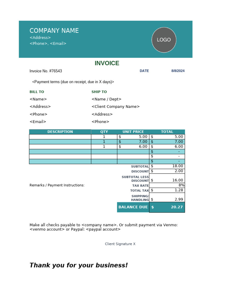 Basic Invoice Template Teal Excel | PDF