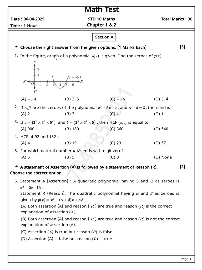Class 10 Maths Test: Chapters 1 & 2 | PDF | Numbers | Polynomial
