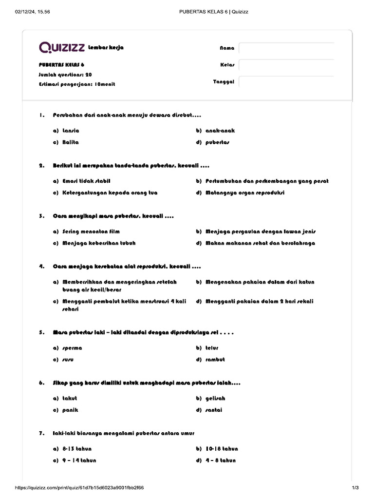 PUBERTAS KELAS 6 - Quizizz | PDF