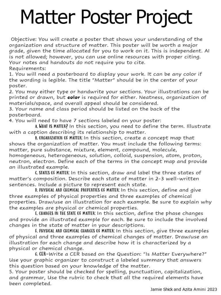 Matter Poster Project Updated Rubric 2024 | PDF | Matter | Mixture
