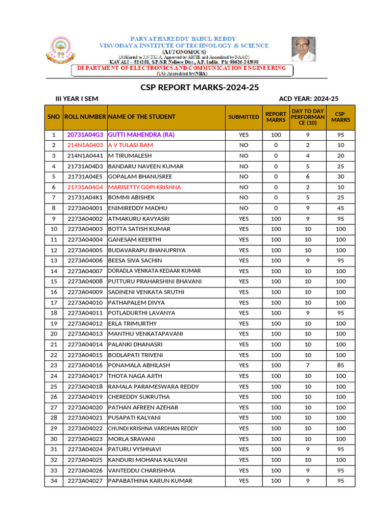 CSP Report 2024-25: Student Marks | PDF